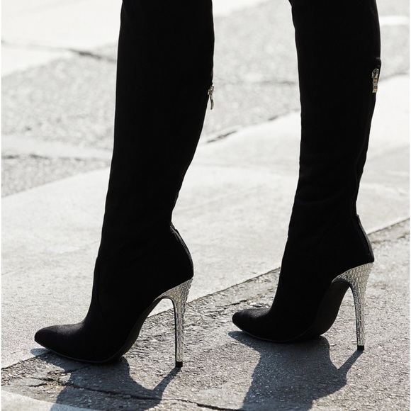 Shoe Dazzle | Shoes | Sexy Bedazzled Heel Over The Knee Black Boots ...